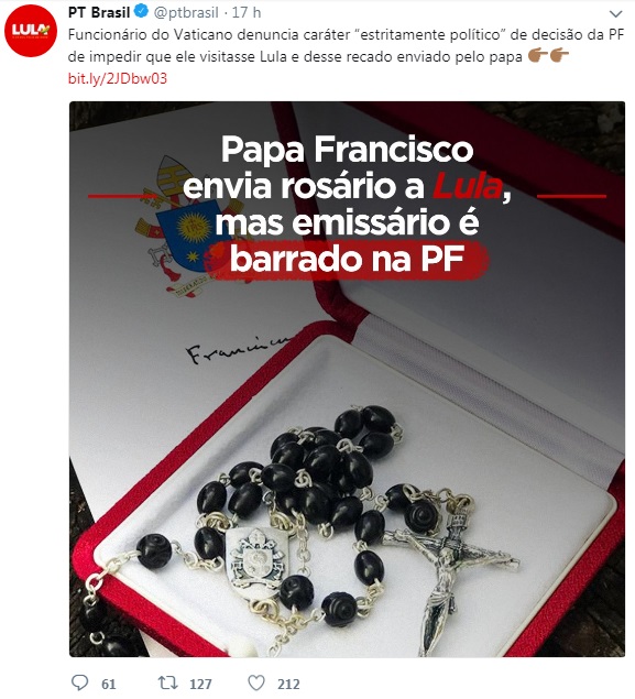 Vaticano desmente PT e diz que papa Francisco não enviou terço a Lula ...